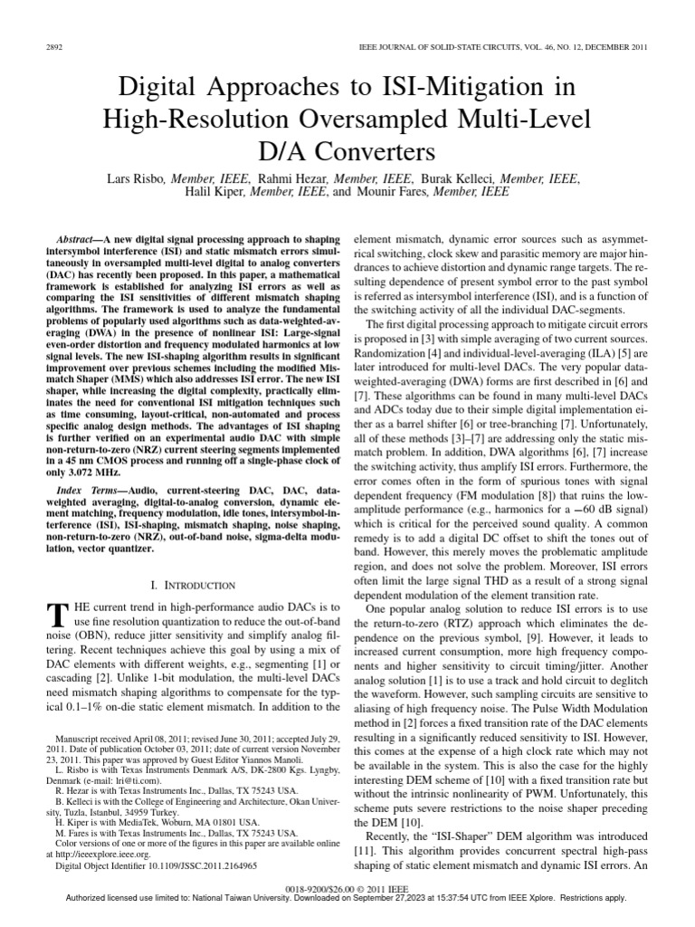 Digital Approaches To ISI-Mitigation in High-Resolution Oversampled Multi-Level D A Converters ...