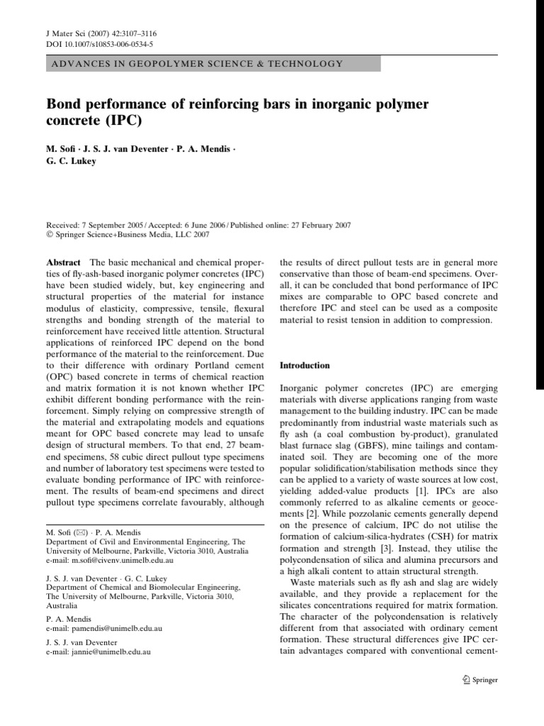 Tv Sofi M Bond Performance Of Reinforcing Bars In Inorganic Polymer 2007 Pdf Concrete