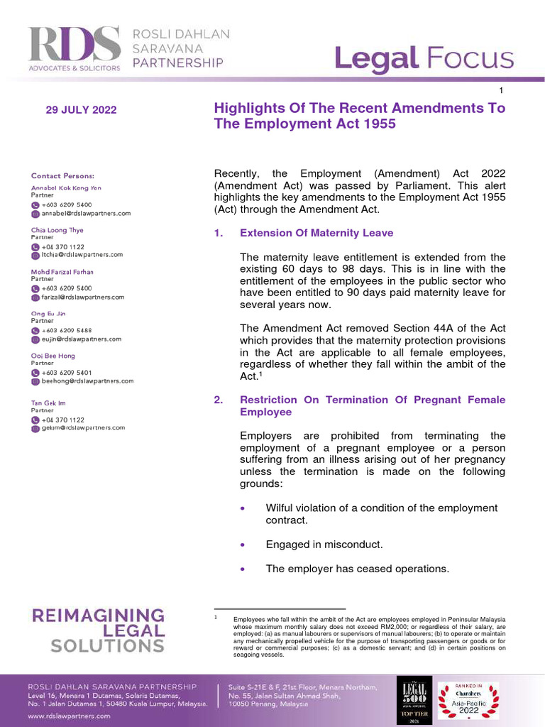 Key Amendments to Employment Act 2022 | PDF | Employment | Parental Leave