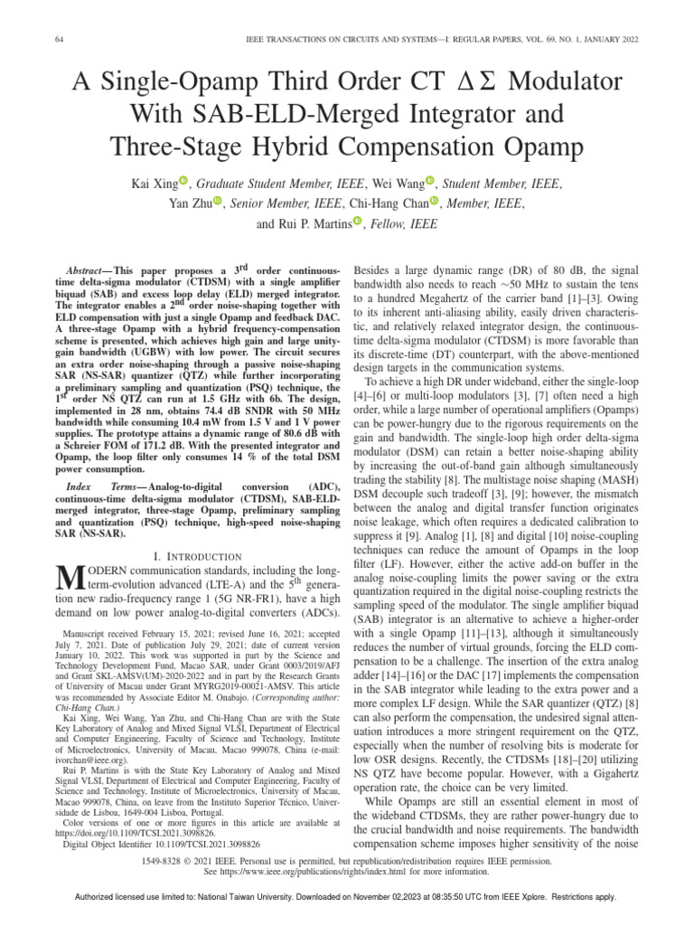 A Single-Opamp Third Order CT Modulator With SAB-ELD-Merged Integrator ...