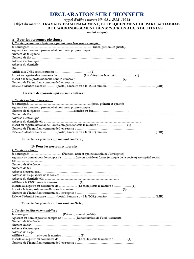 Declaration Sur Honneur MODEL | PDF | Coopérative | Business