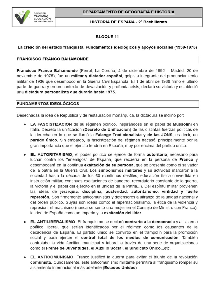 Bloque 11 - Franquismo | Descargar gratis PDF | Francisco franco | España franquista