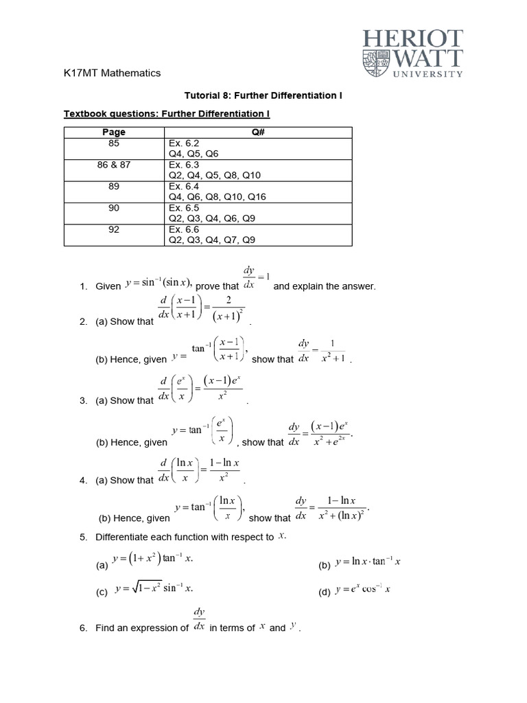 K17MT Further Differentiation I Tutorial | PDF | Mathematical Analysis | Mathematical Physics