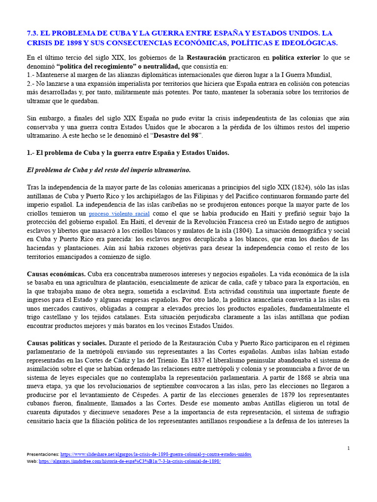 Crisis de 1898: Cuba y Guerra Hispano-Estadounidense | PDF | Cuba | España
