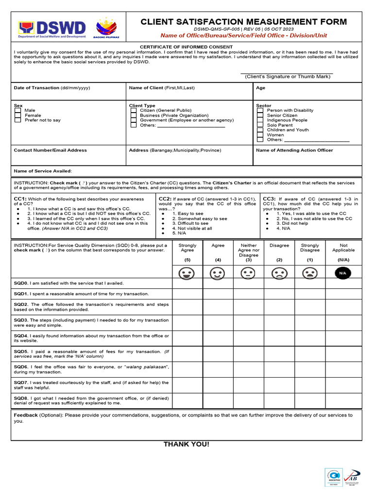 DSWD Client Satisfaction Form 2023 | PDF