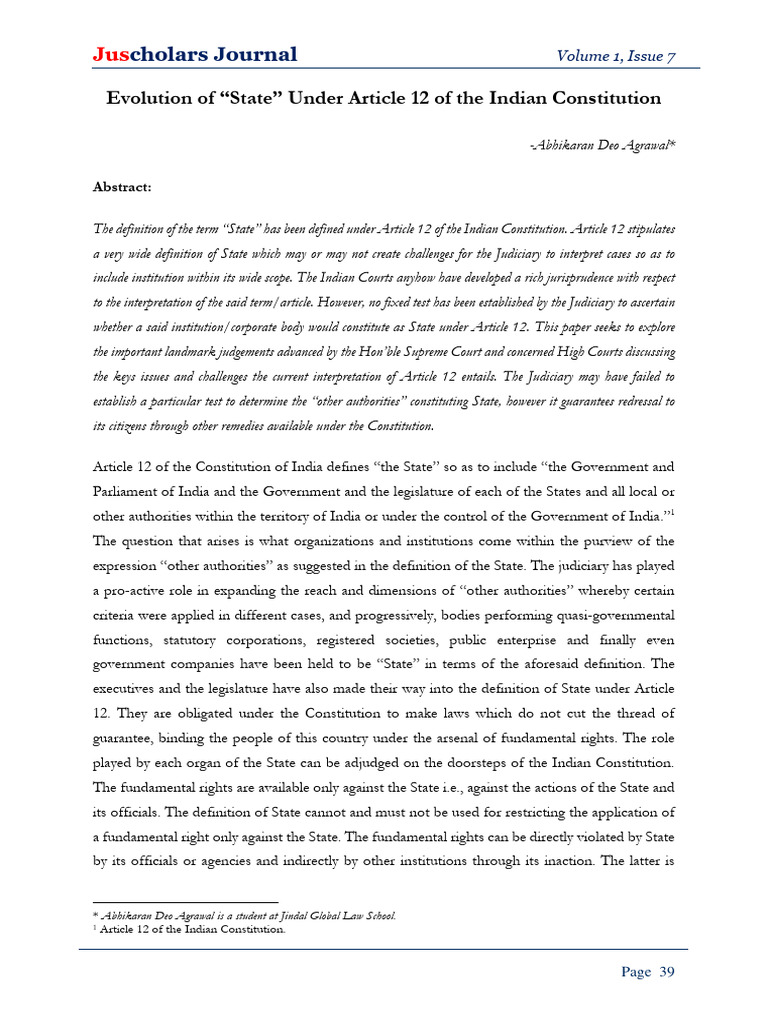 Evolution of "State" Under Article 12 of The Indian Constitution | PDF ...