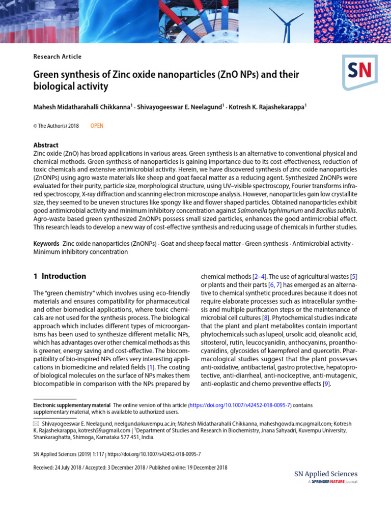 Green Synthesis of Zinc Oxide Nanoparticles (Zno NPS) and Their Biological Activity | PDF | Zinc ...