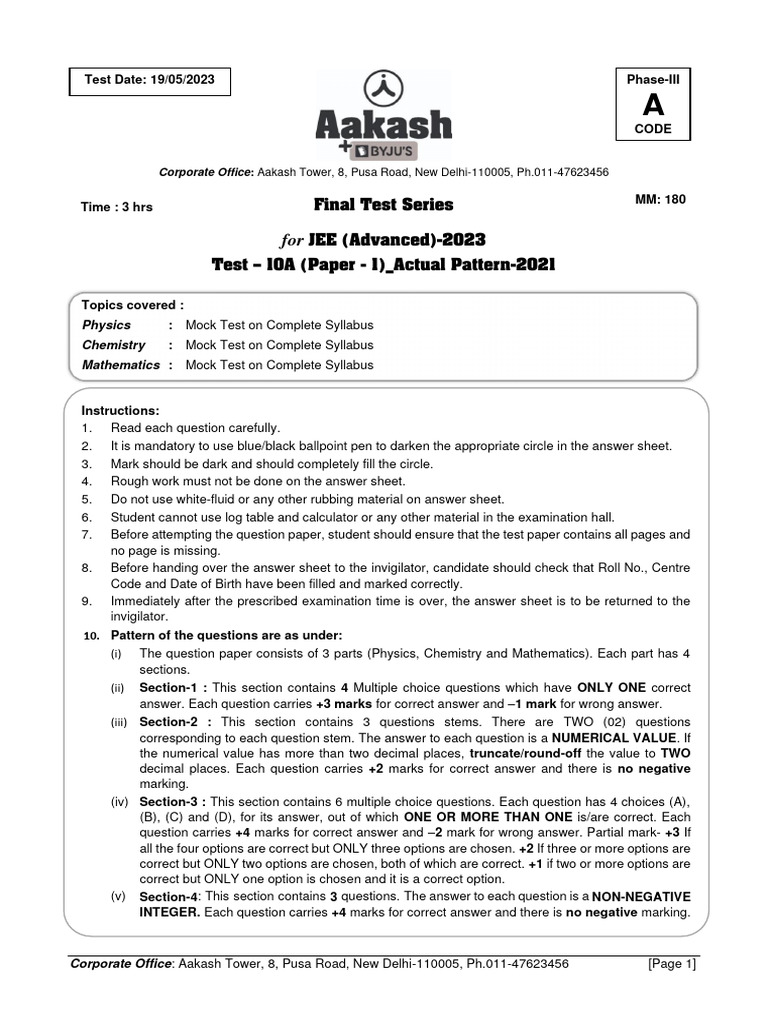 Fts Test 10a Code A Ph Iii Actual Pattern 2021 Paper 1 Q