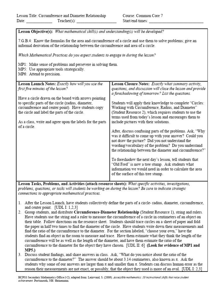 7 G B 4 Lesson Circumference Diameter Relationship | PDF | Circle | Pi