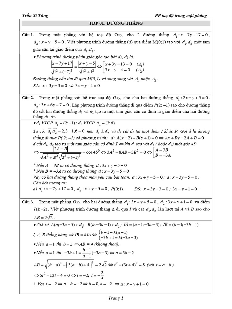 23 Bai Tap Toa Do Phang Co Loi Giai Phan Duong Thang Tran Si Tung | PDF