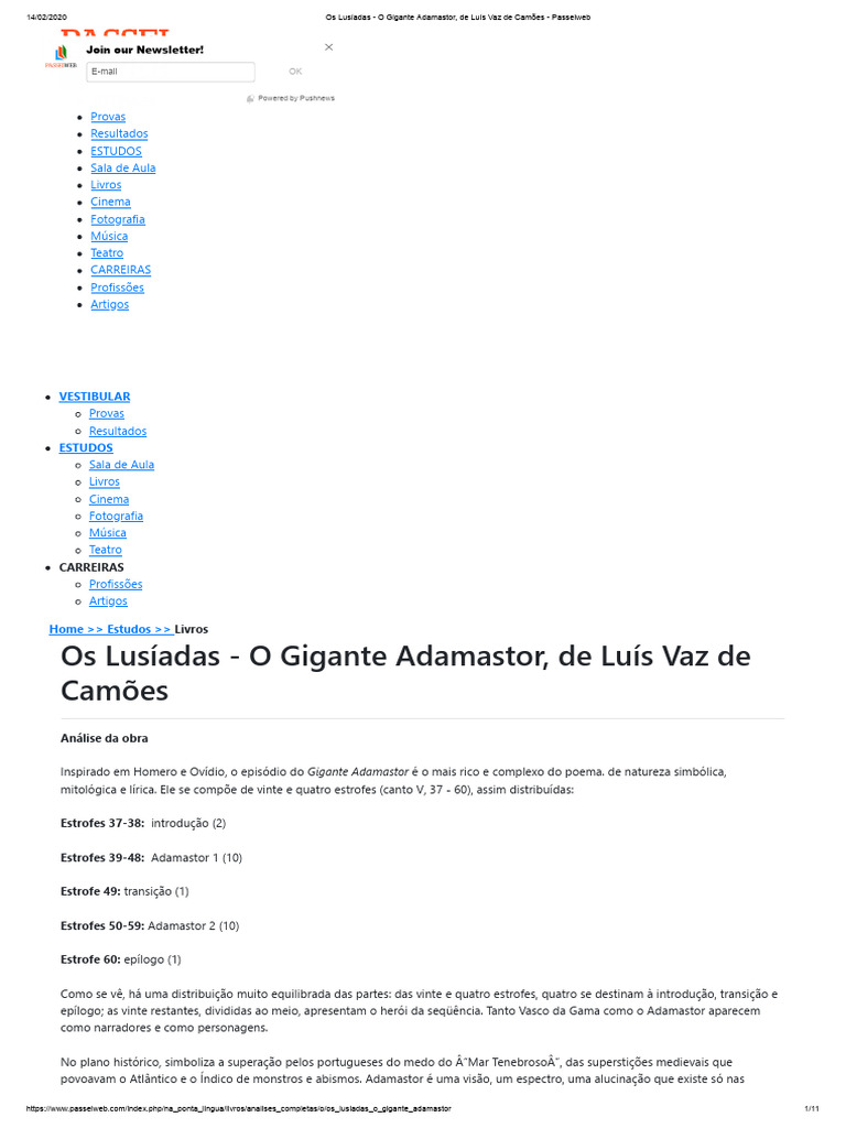Os Lusíadas - O Gigante Adamastor, de Luís Vaz de Camões - Passeiweb | PDF | Amor