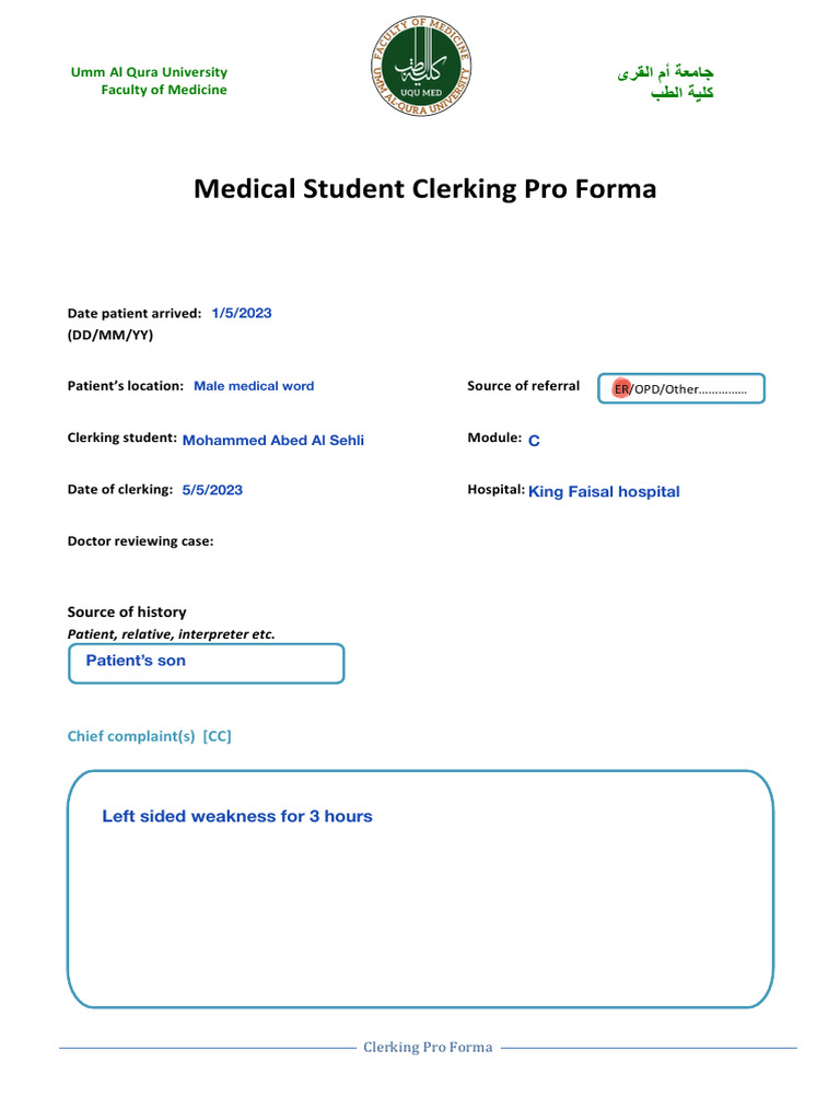 Year 4 Clerking “ Stroke”. | PDF | Surgery | Medicine