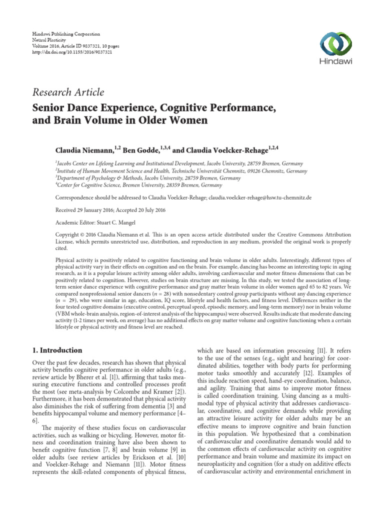 Senior Dance Experience, Cognitive Performance | PDF | Memory | Frontal ...
