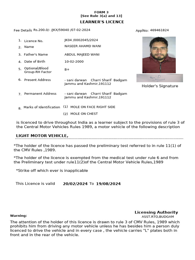 Learner's Licence Form India | PDF