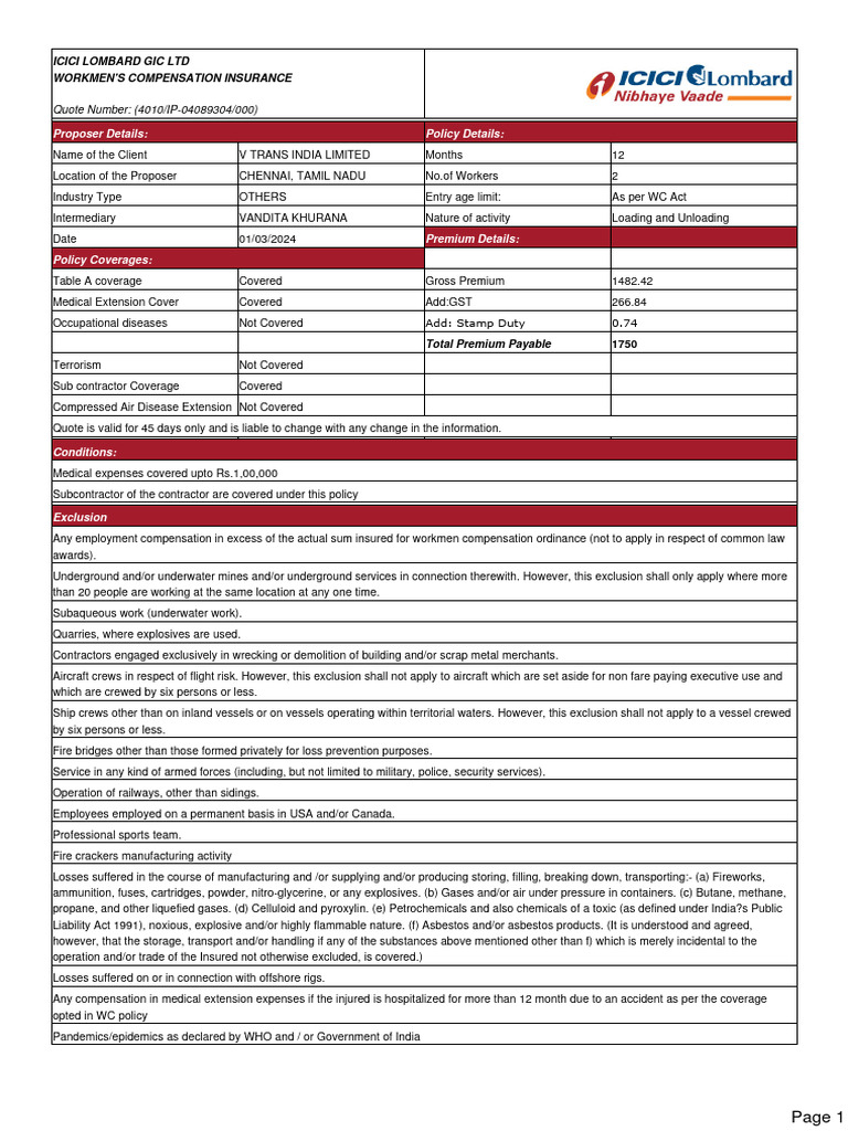 V Trans India Limited - WC Quote - PDF | PDF | Insurance | Misrepresentation