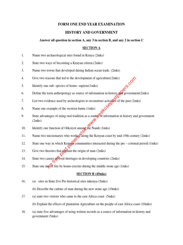 2017 Form 1 End Term 3 History Form 1 QNS | PDF | East Africa | Kenya