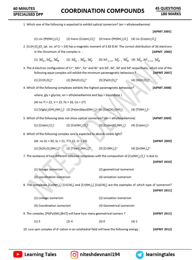 COORDINATION COMPOUNDS 20 YEARS PYQ'S WITH SOLUTIONS | PDF | Coordination Complex | Ligand