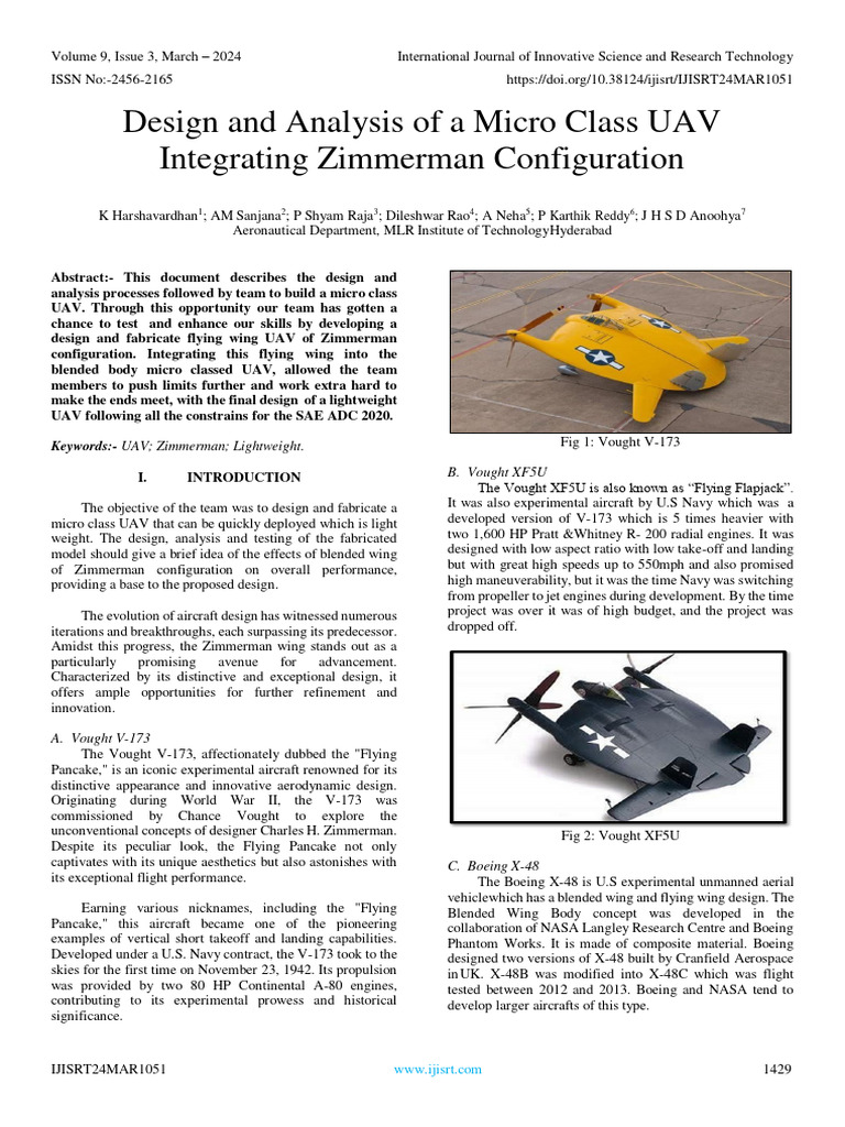 Design and Analysis of A Micro Class UAV Integrating Zimmerman Configuration | PDF | Flight ...