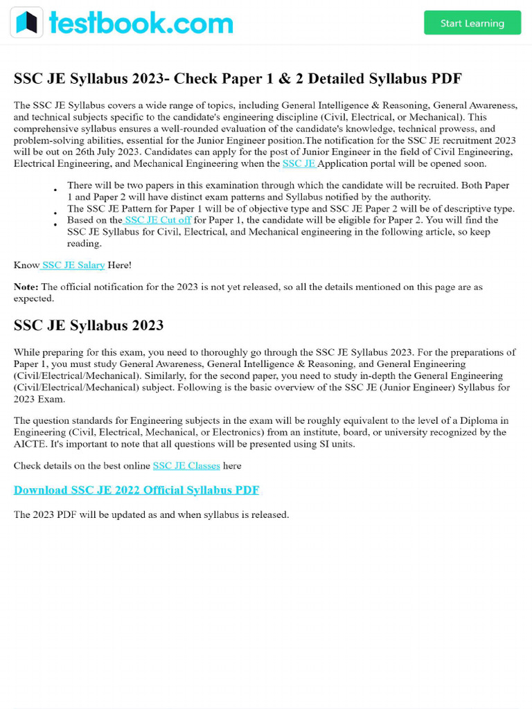 SSC JE Syllabus 2023 - Check Paper 1 & 2 Detailed Syllabus PDF | PDF SSC JE Syllabus 2023 - Check Paper 1 & 2 Detailed Syllabus PDF | PDF