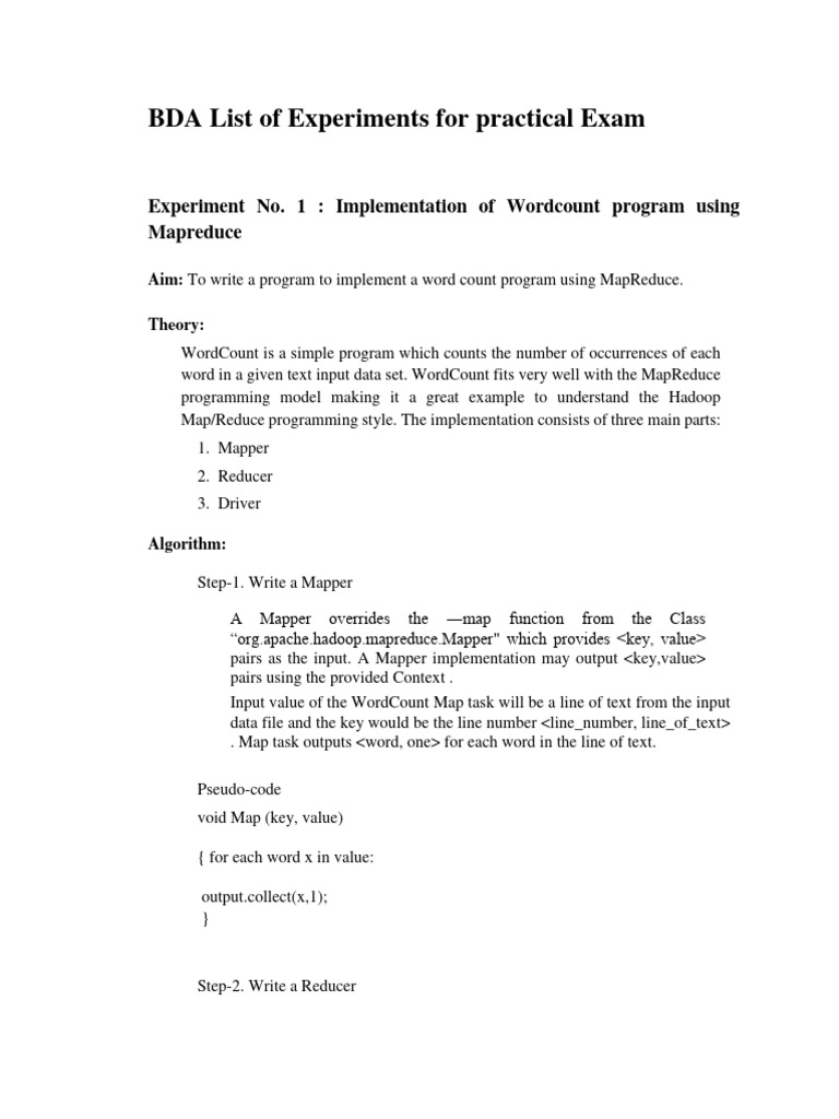 BDA List of Experiments For Practical Exam | PDF | Map Reduce | No Sql