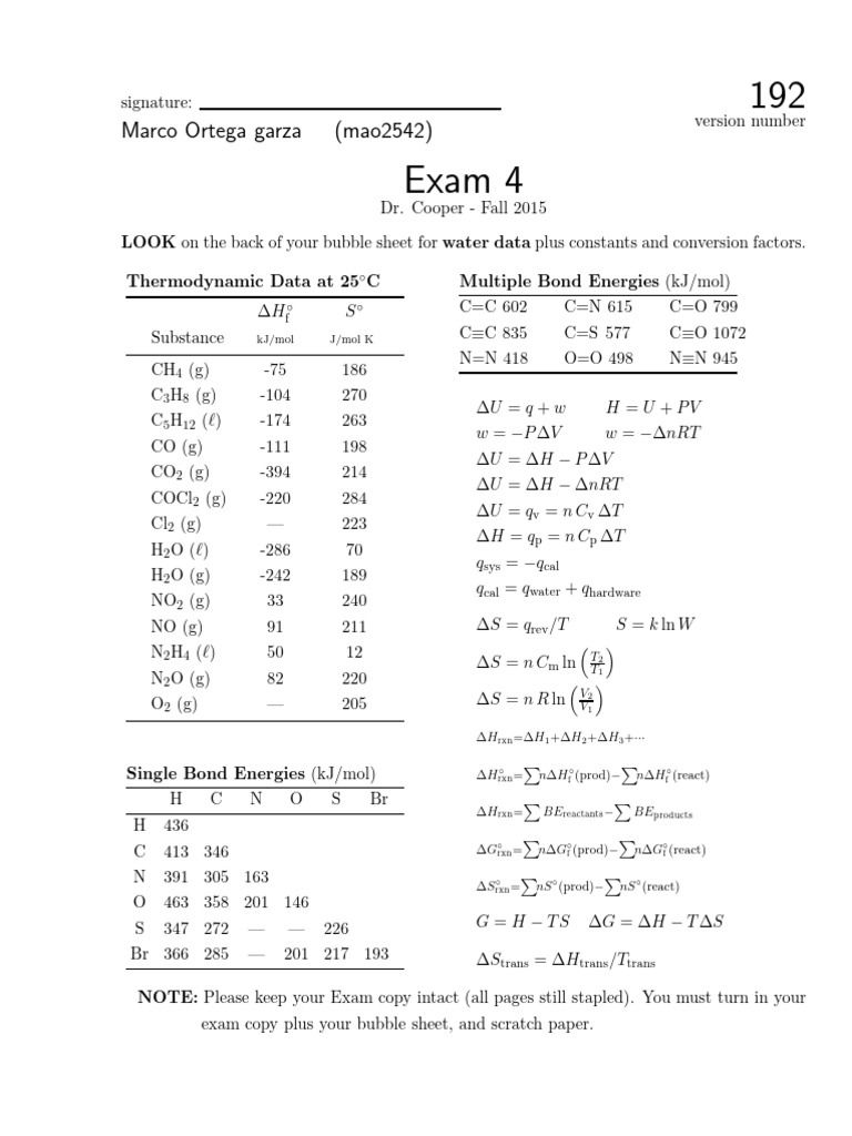 Exam 4 - F14-Solutions | PDF | Heat Capacity | Temperature