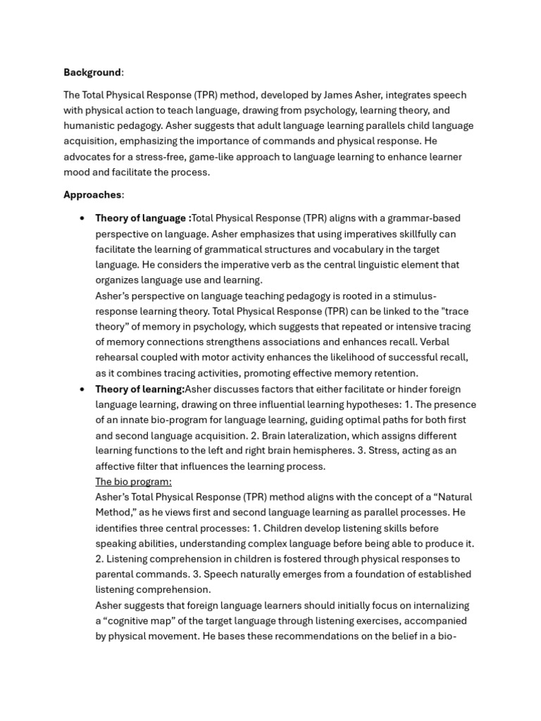 Total Physical Response Teaching Method | PDF | Language Acquisition | Learning
