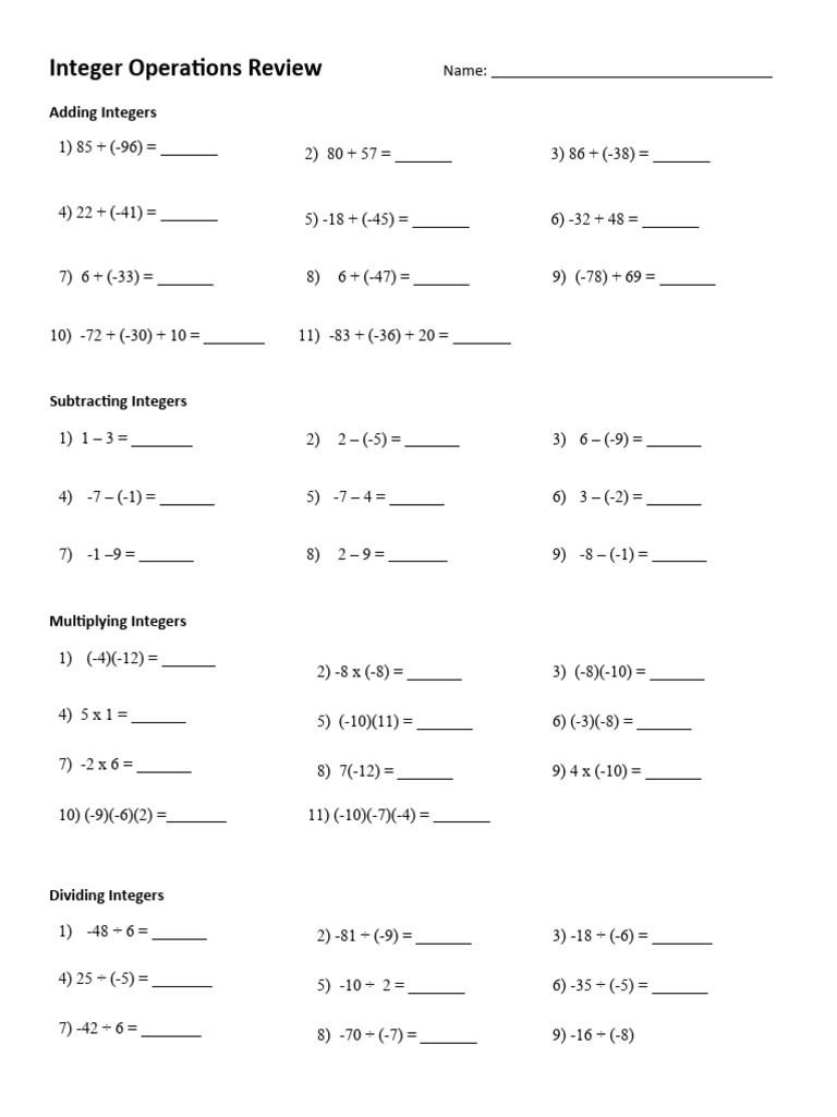 Integer Operation Worksheet | PDF