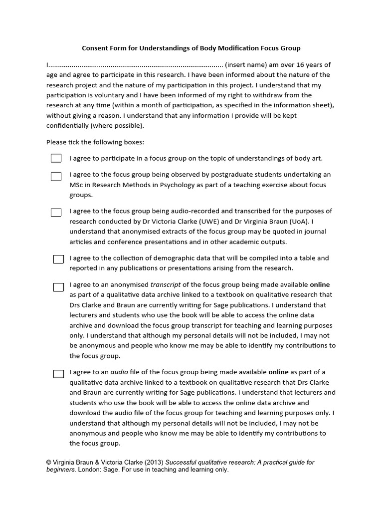 Body Art Focus Group Consent Form | PDF | Focus Group | Scientific Method