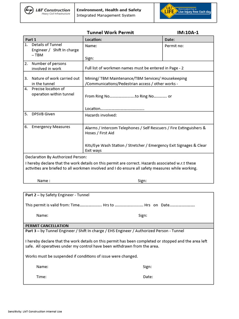 Tunnel Work Permit | PDF | Tunnel | Risk Assessment