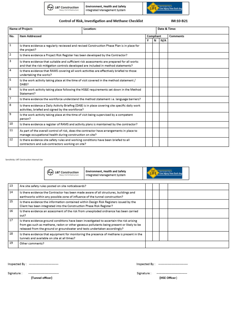 Tunnel Risk, Investigation and Methane Checklist | Download Free PDF ...