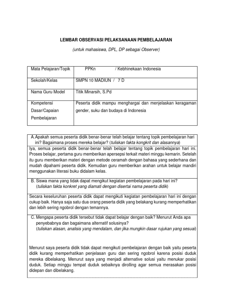 Lampiran 5. LK 4 Format Lembar Observasi Pelaksanaan Pembelajaran Untuk ...