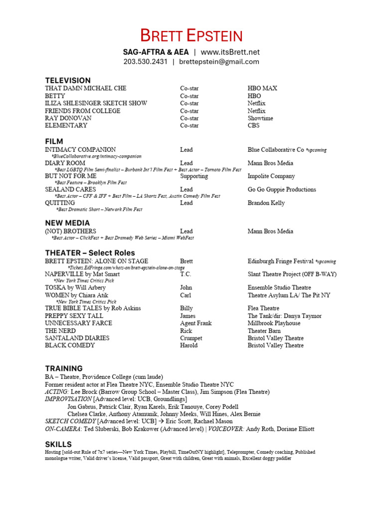 Brett Epstein Resume Actor | PDF | Theatre | Performing Arts