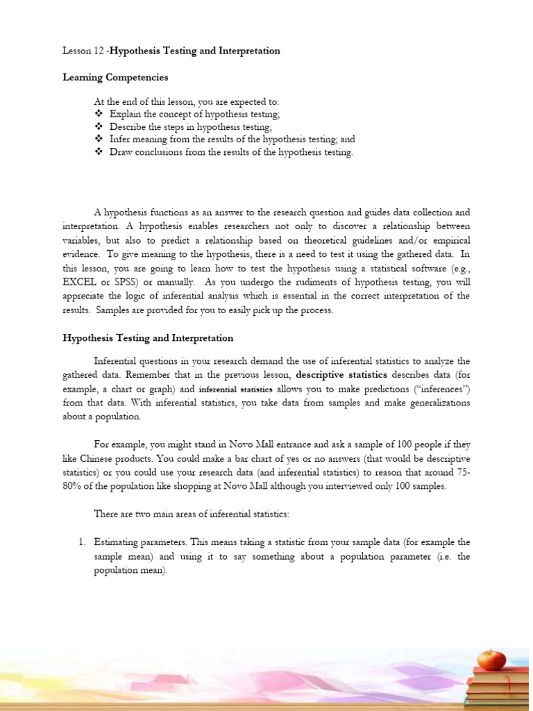 Lesson 12 Hypothesis Testing And Interpretation Pdf P Value Statistics