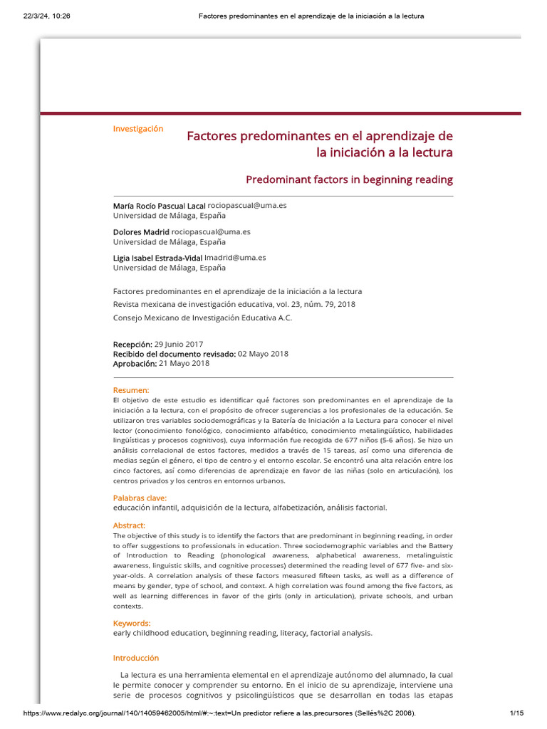 Factores Predominantes en El Aprendizaje de La Iniciación A La Lectura ...