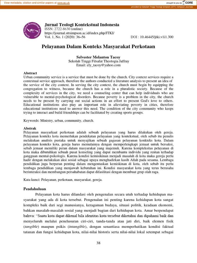 Pelayanan Dalam Konteks Masyarakat Perkotaan: Jurnal Teologi Kontekstual Indonesia | PDF