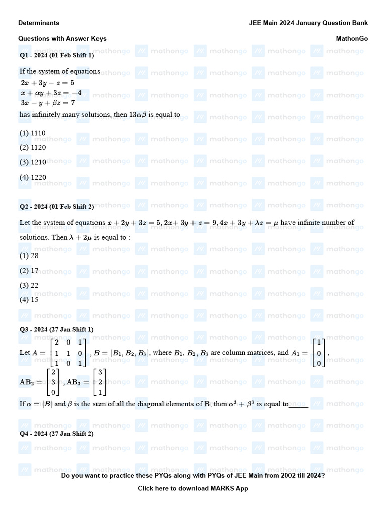 Determinants - JEE Main 2024 January Question Bank - MathonGo | PDF ...