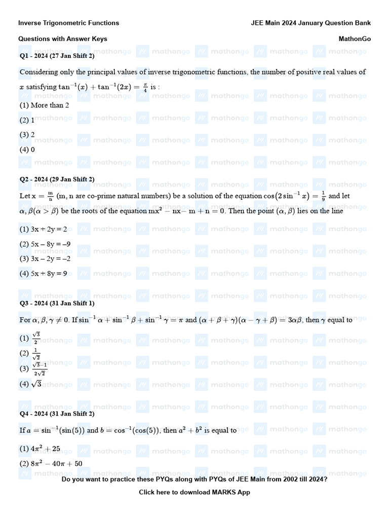 Inverse Trigonometric Functions - JEE Main 2024 January Question Bank - MathonGo | PDF ...