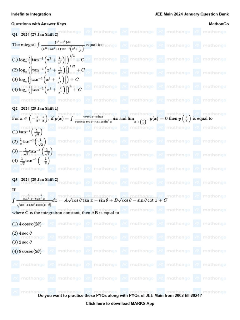 Indefinite Integration - JEE Main 2024 January Question Bank - MathonGo ...