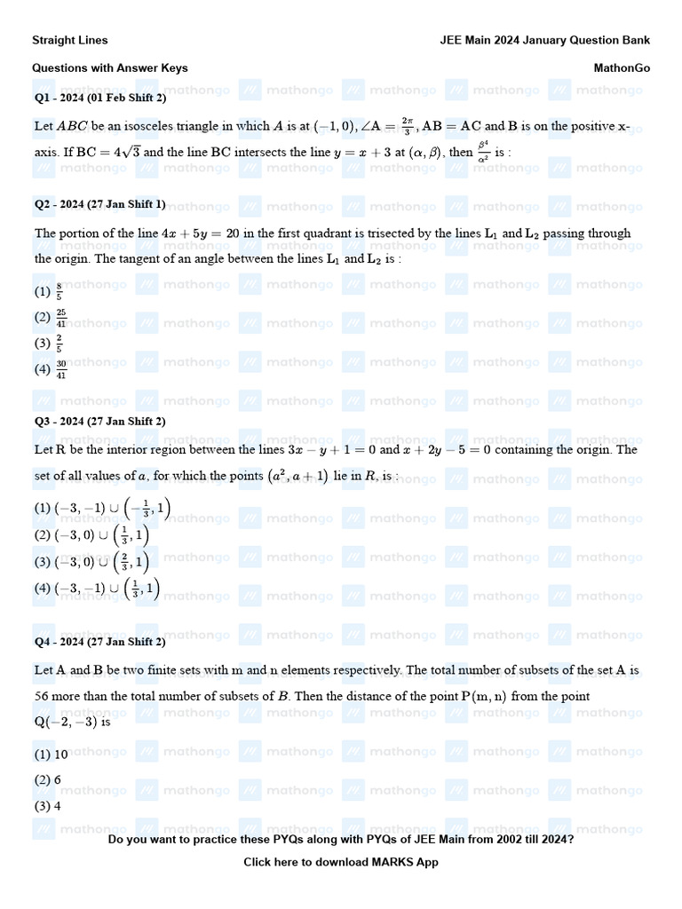 JEE Main 2024 Straight Lines Questions | PDF | Triangle | Classical ...