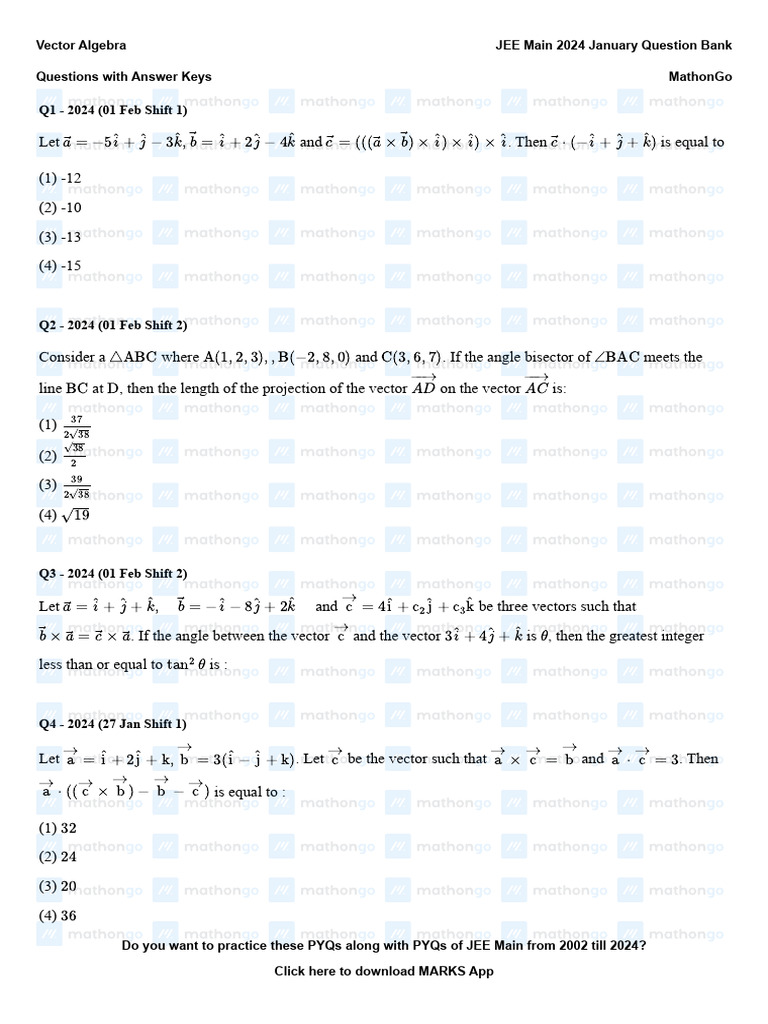 JEE Main 2024 Vector Algebra Questions | PDF | Abstract Algebra ...