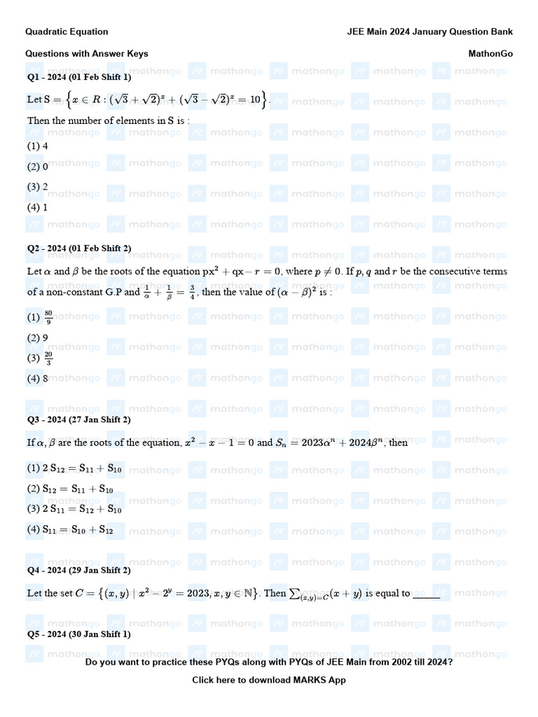 Quadratic Equation - JEE Main 2024 January Question Bank - MathonGo ...