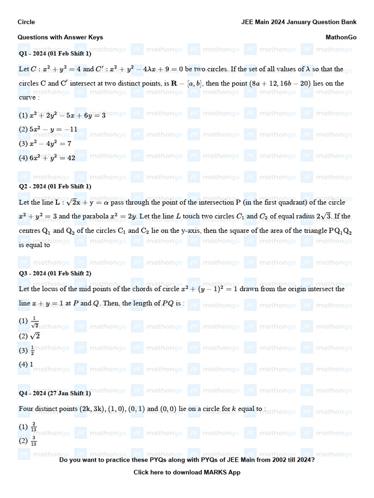 Circle - JEE Main 2024 January Question Bank - MathonGo | PDF | Circle ...
