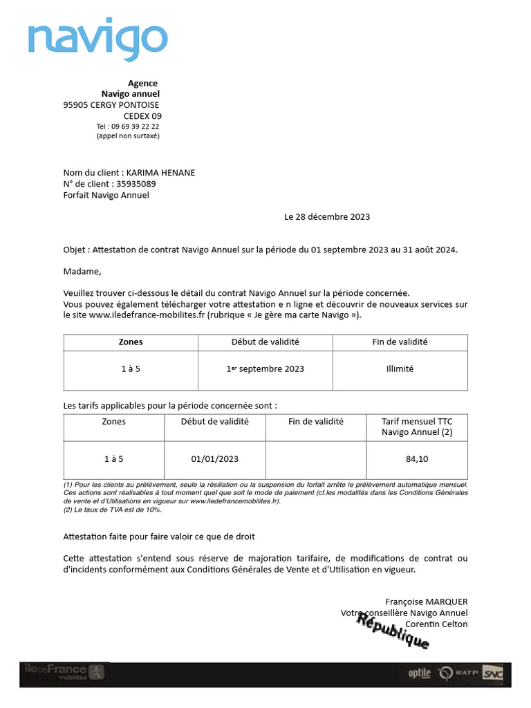 Attestation Forfait Navigo Annuel 2023-2024 | PDF | Paiements | Éphémère