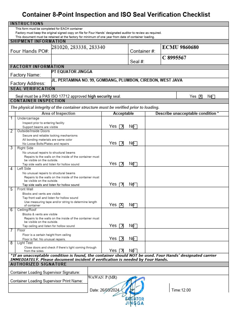 New Form 8 Point Container Inspection and Seal Verification Checklist ...