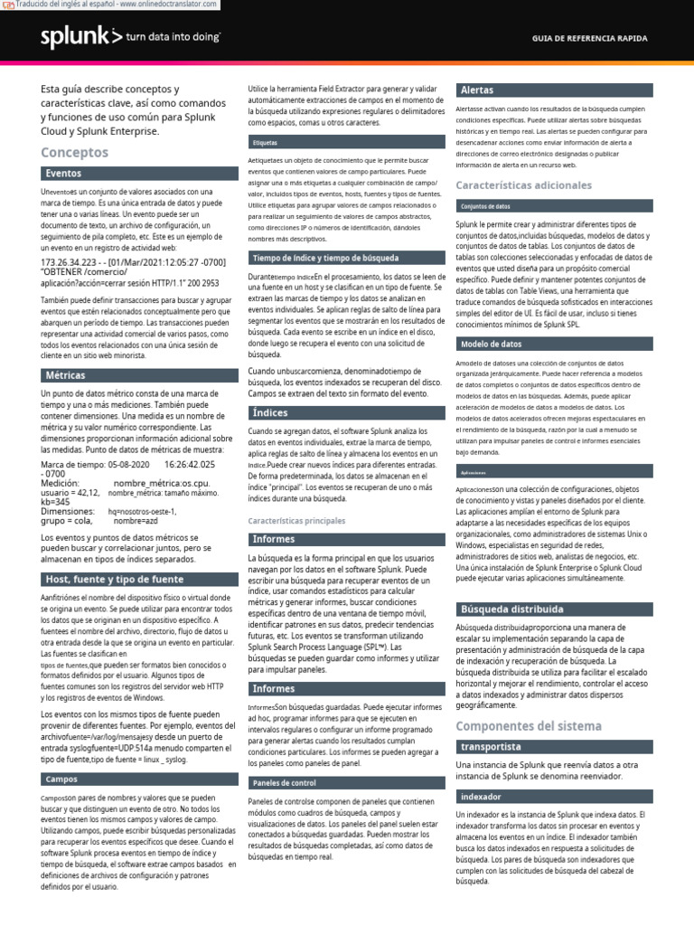 Splunk Quick Reference Guide - En.es | PDF | Software de la aplicacion | Software