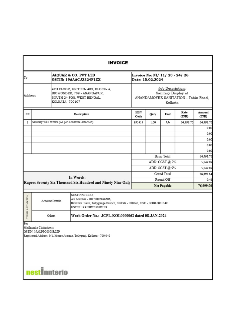 Invoice for Sanitary Wall Works | PDF | Economy Of India | Payments