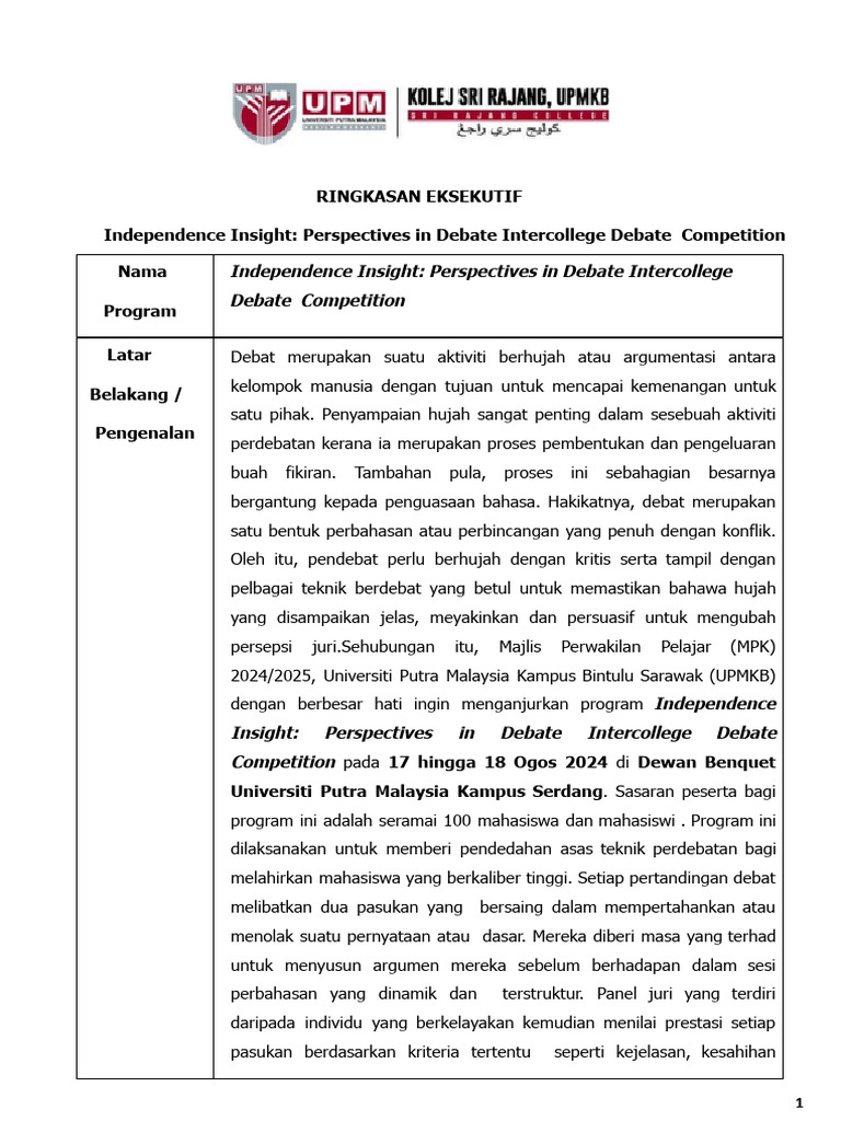 Debat Intercollege UPMKB 2024 | PDF