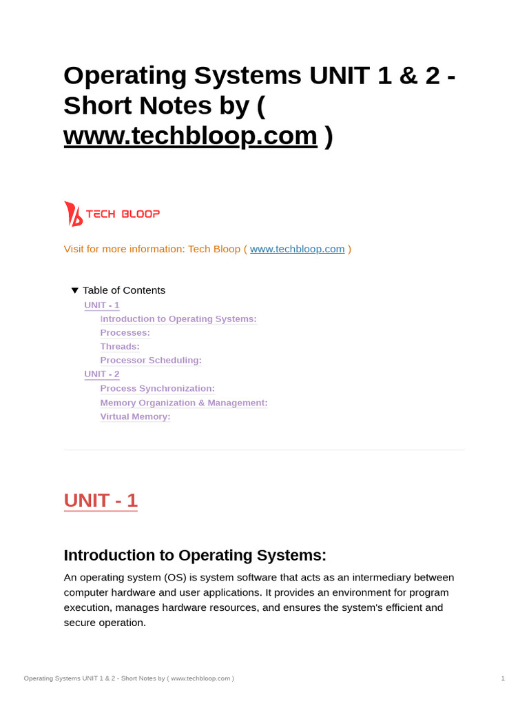 Operating Systems UNIT 1 & 2 - Short Notes by | PDF | Thread (Computing ...