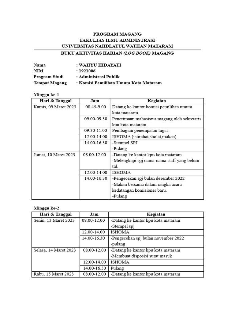 LOG BOOK Magang - Wahyu Hidayati | PDF