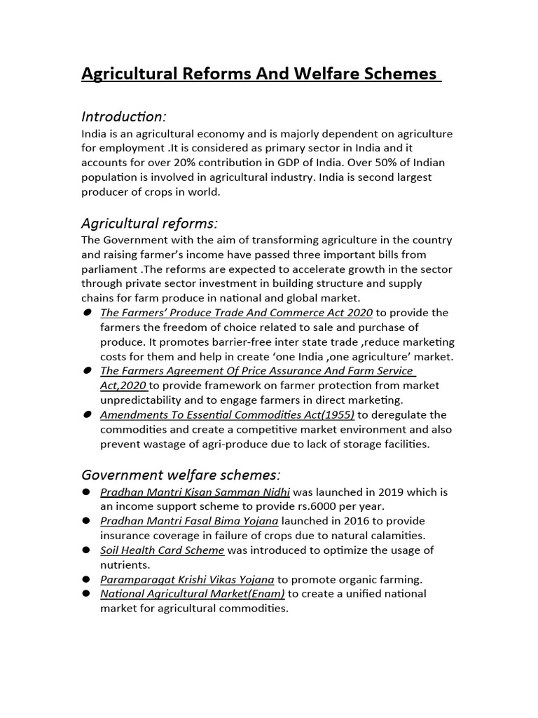 Agricultural Reforms and Welfare Schemes | PDF | Agriculture | Economies